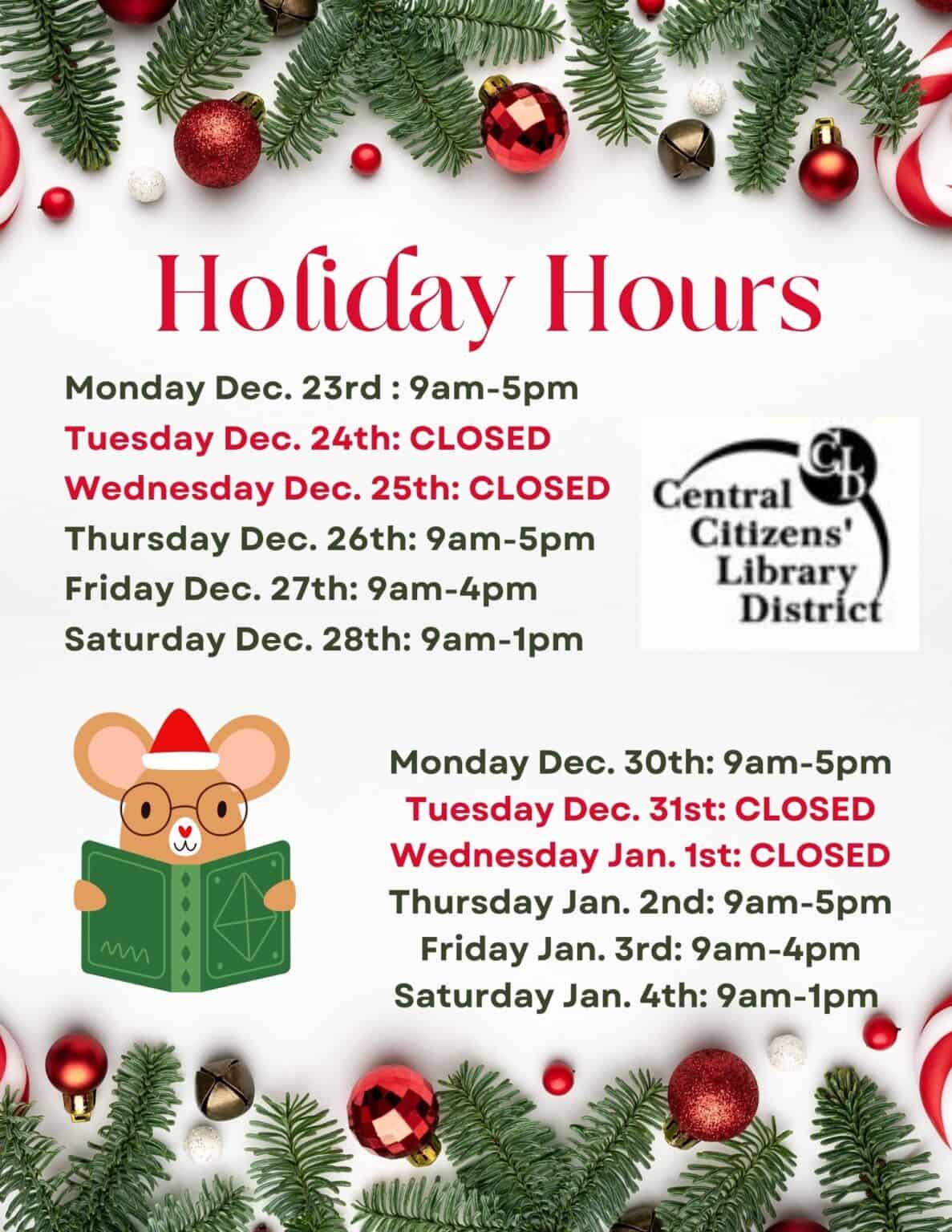 Holiday Hours – Central Citizens Library District