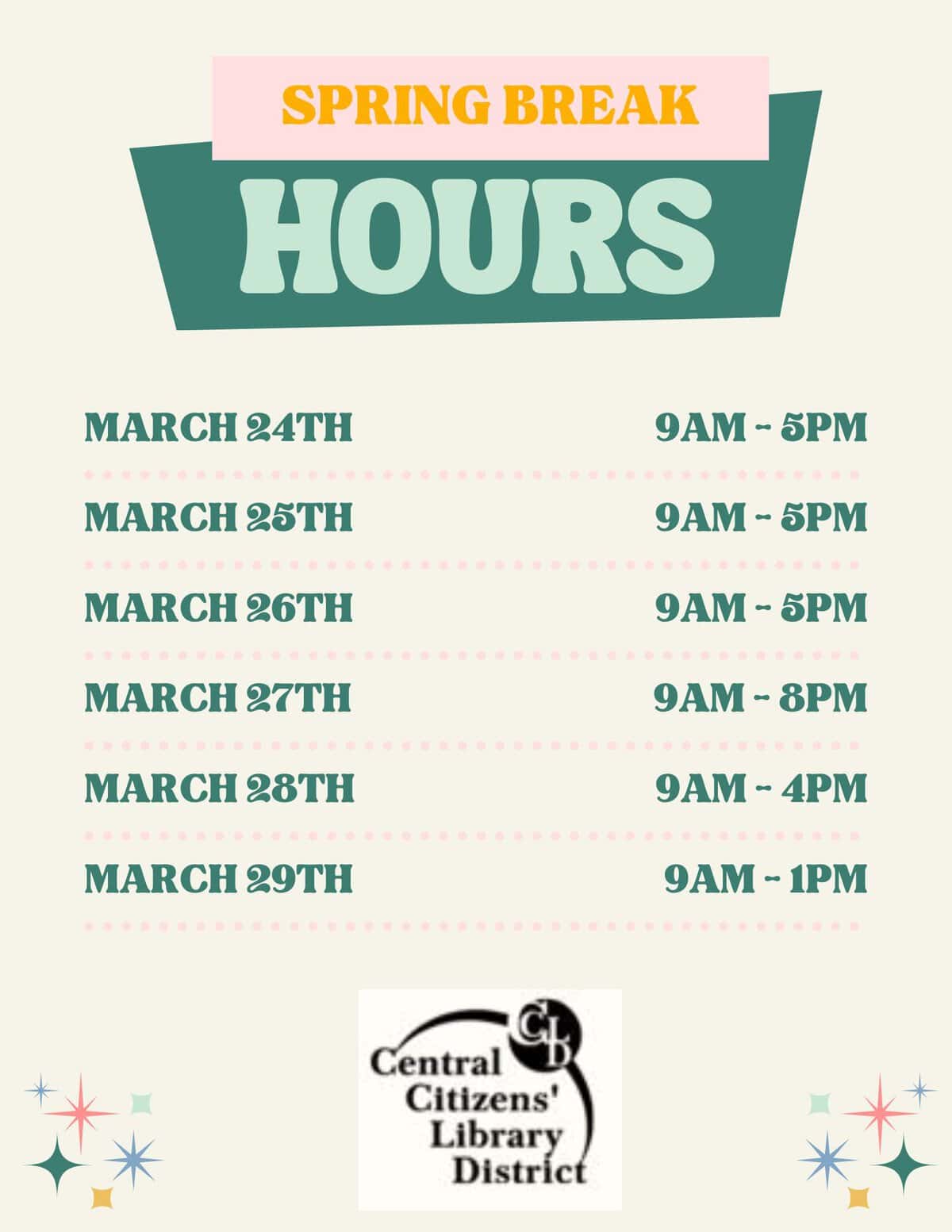 Spring Break Hours – Central Citizens Library District